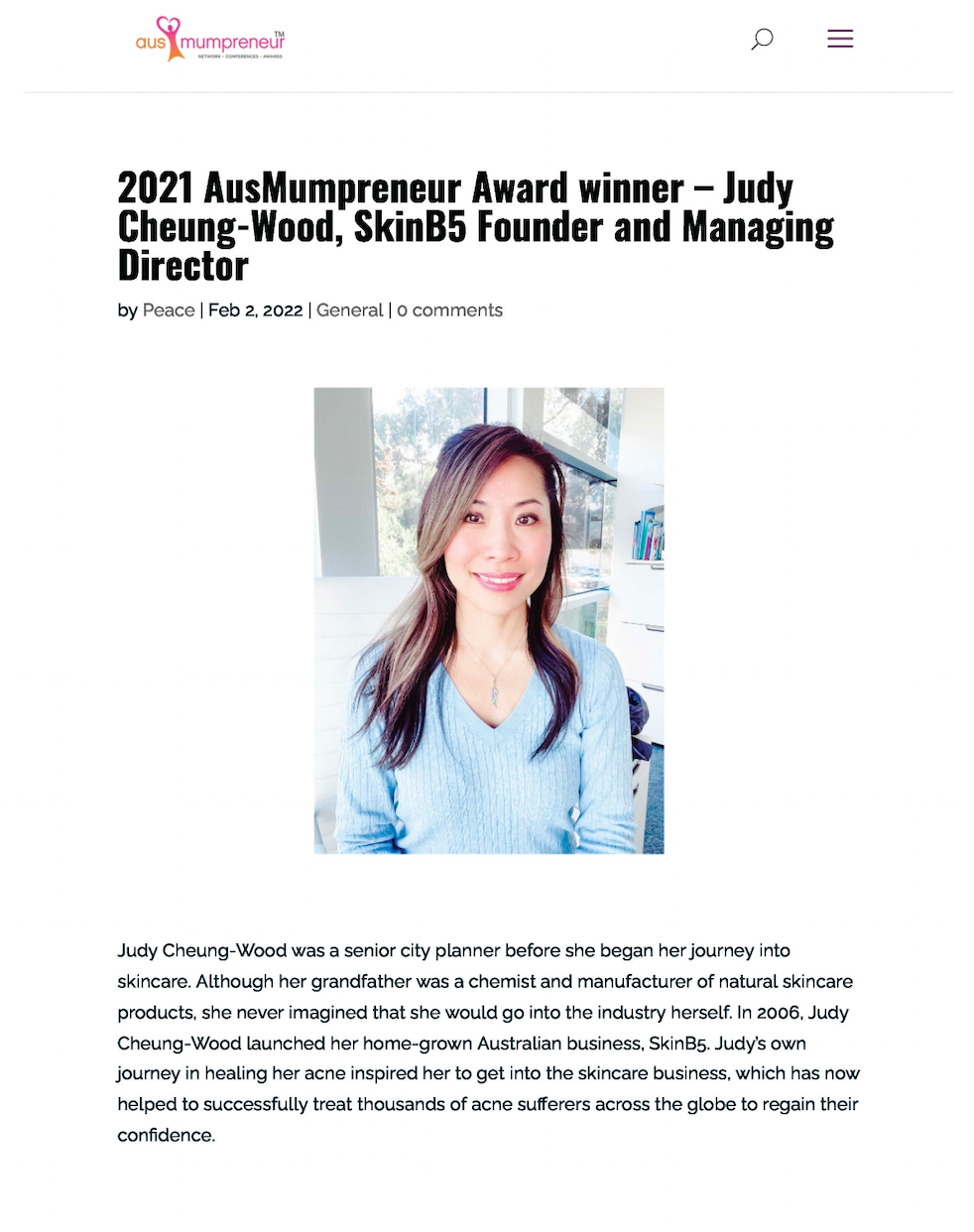 2021 AusMumpreneur Award Winner - Judy Cheung-Wood, SkinB5 Founder and ...