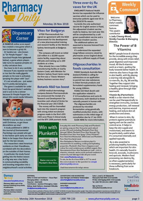 Pharmacy Daily 26 Nov 2018 | SkinB5™ Official Site (HQ)